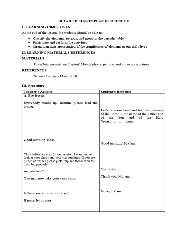 Lesson Plan in Periodic Table Grade Nine | PDF | Metals | Nature
