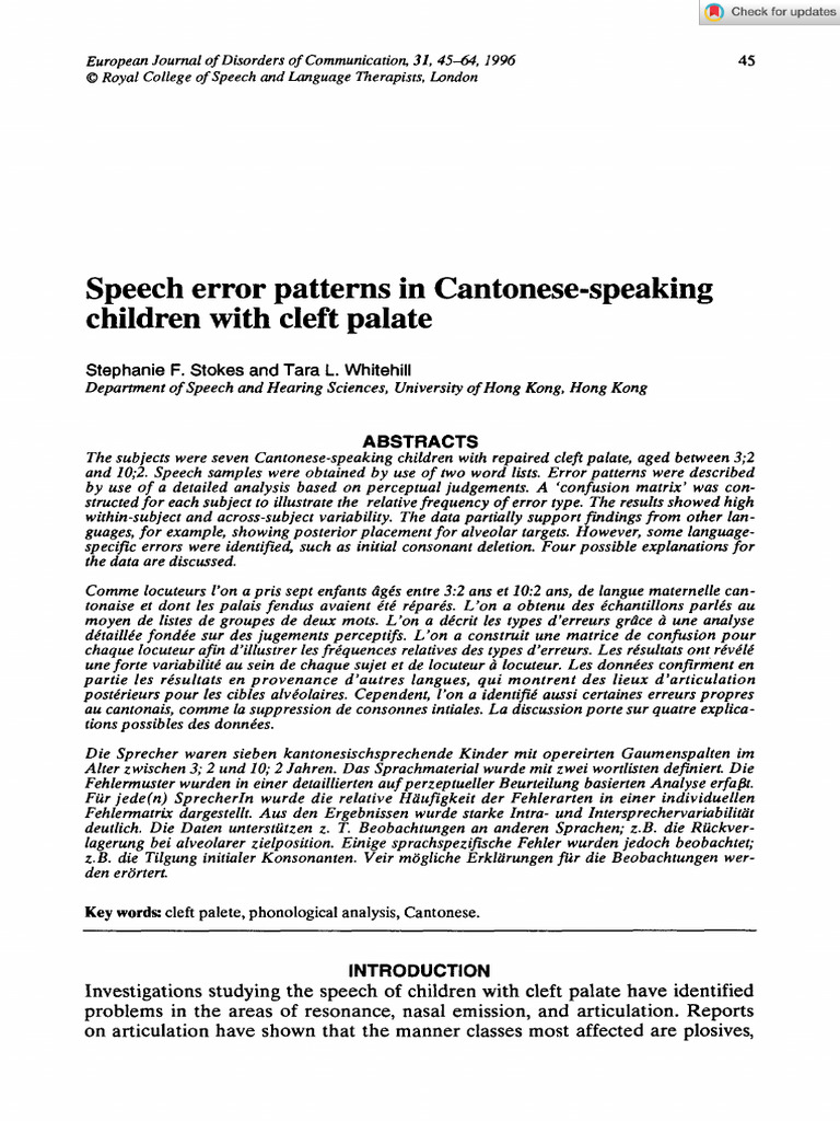 Intl J Lang Comm Disor - January 1996 - Stokes - Speech Error Patterns in Cantonese Speaking ...