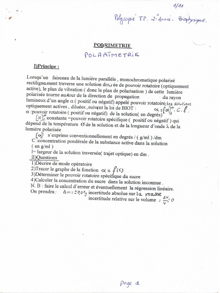 Biophysique Compte Rendu Resume Des TP Biophysique | PDF