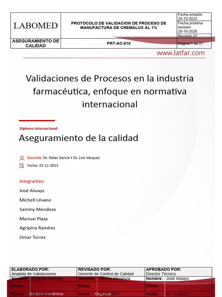 R2 - Trabajo Aplicativo Protocolo de Validacion Cremalux. 23-Nov-23 | PDF | Producción y ...