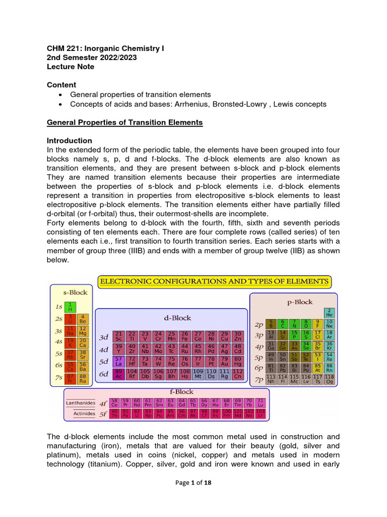 CHM 221 Lecture Note 2022-2023 | PDF | Acid | Transition Metals