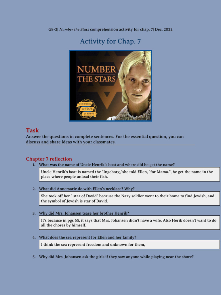 Orange Copy of G8-2 - Number The Stars Comprehension Activity For Chap ...