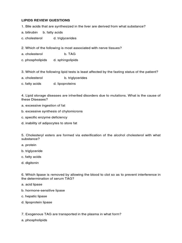 Lipids Review Questions | PDF | Lipoprotein | Cholesterol