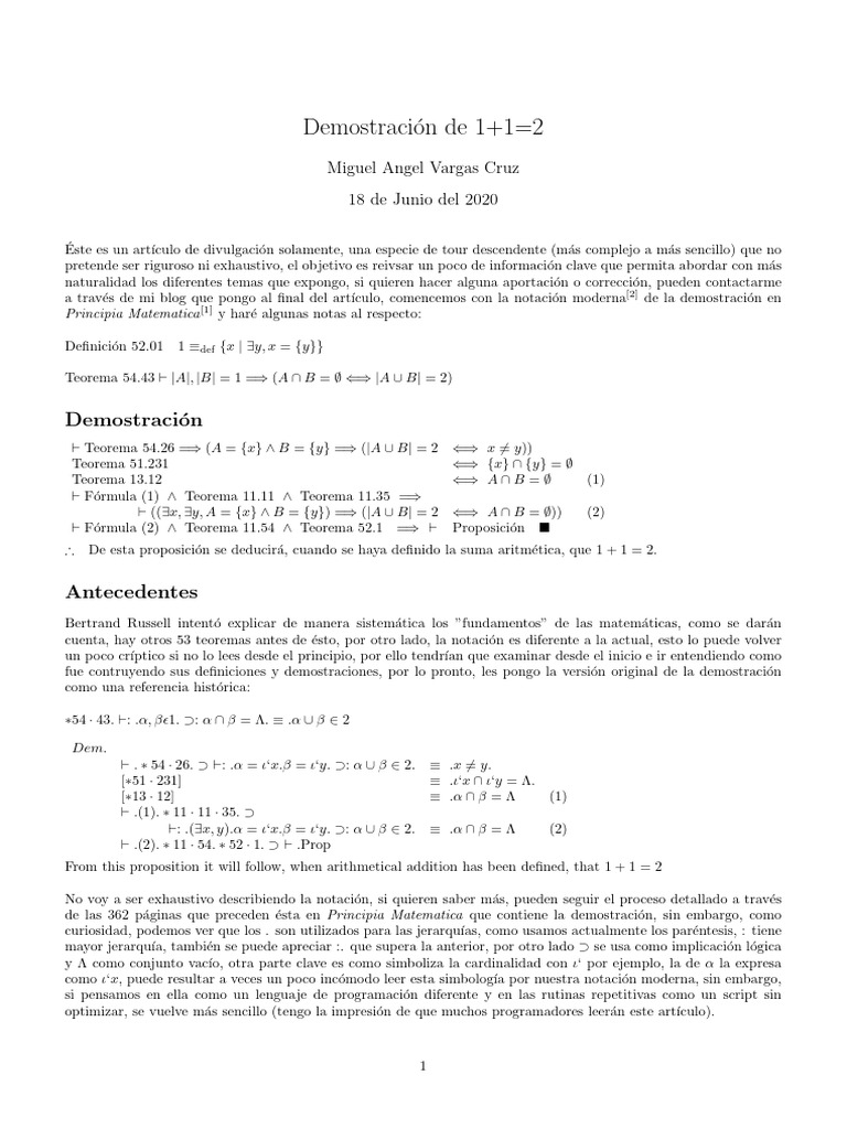 Demostración de 1+1=2 según Russell | PDF | Conjunto (Matemáticas ...