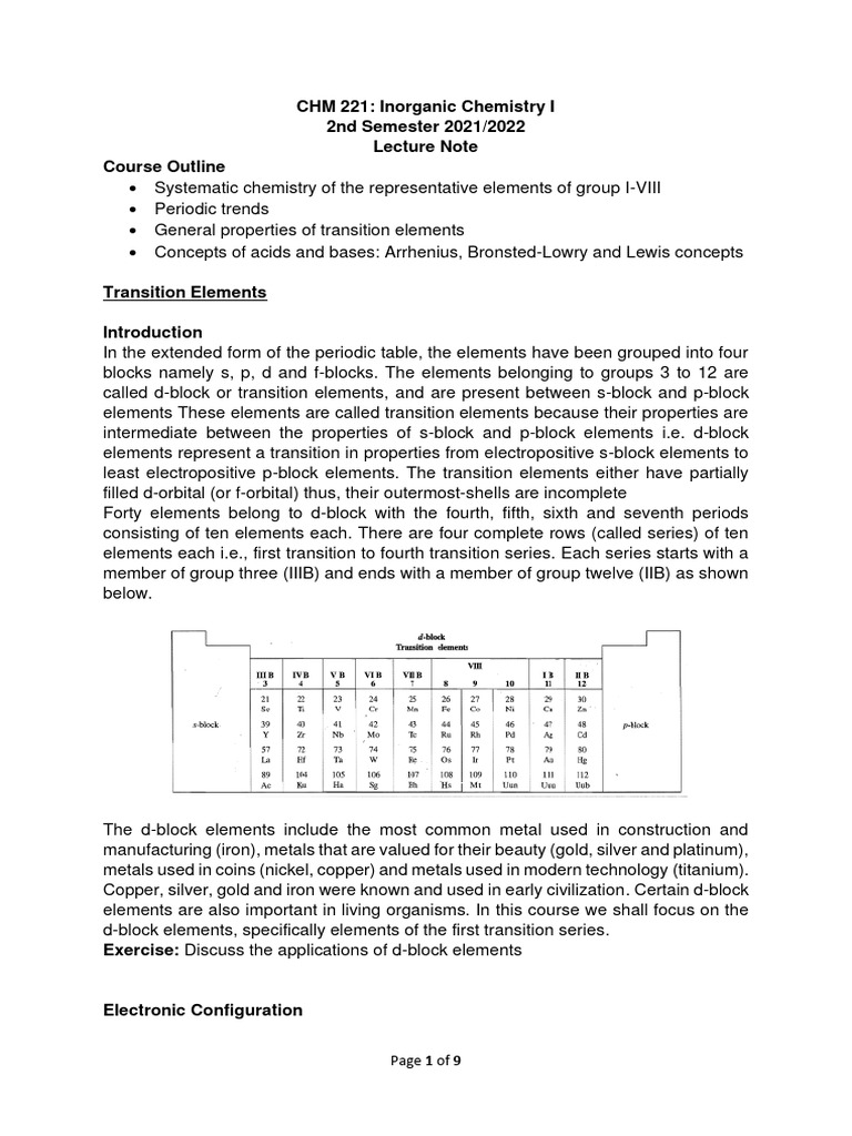 CHM 221 Lecture Note 1 - Transition Elements | PDF | Transition Metals ...
