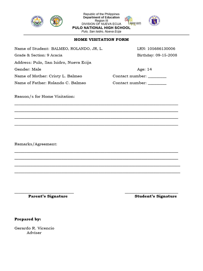 Home Visitation Form | PDF