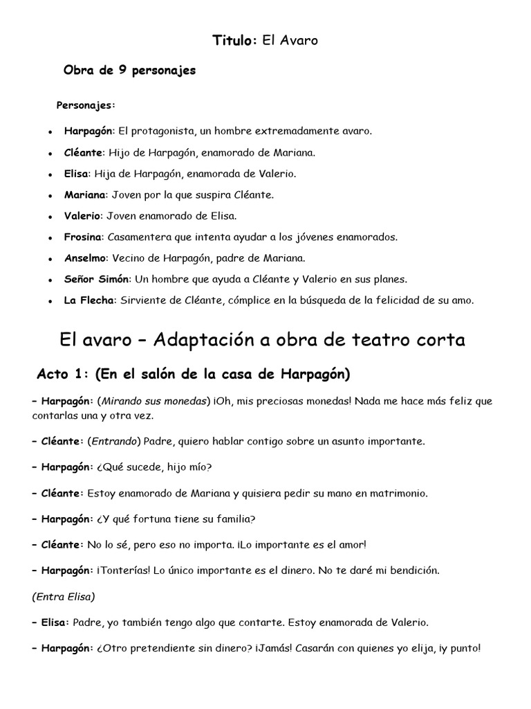 El Avaro: Personajes y Resumen | PDF | Artes del Lenguaje y ...