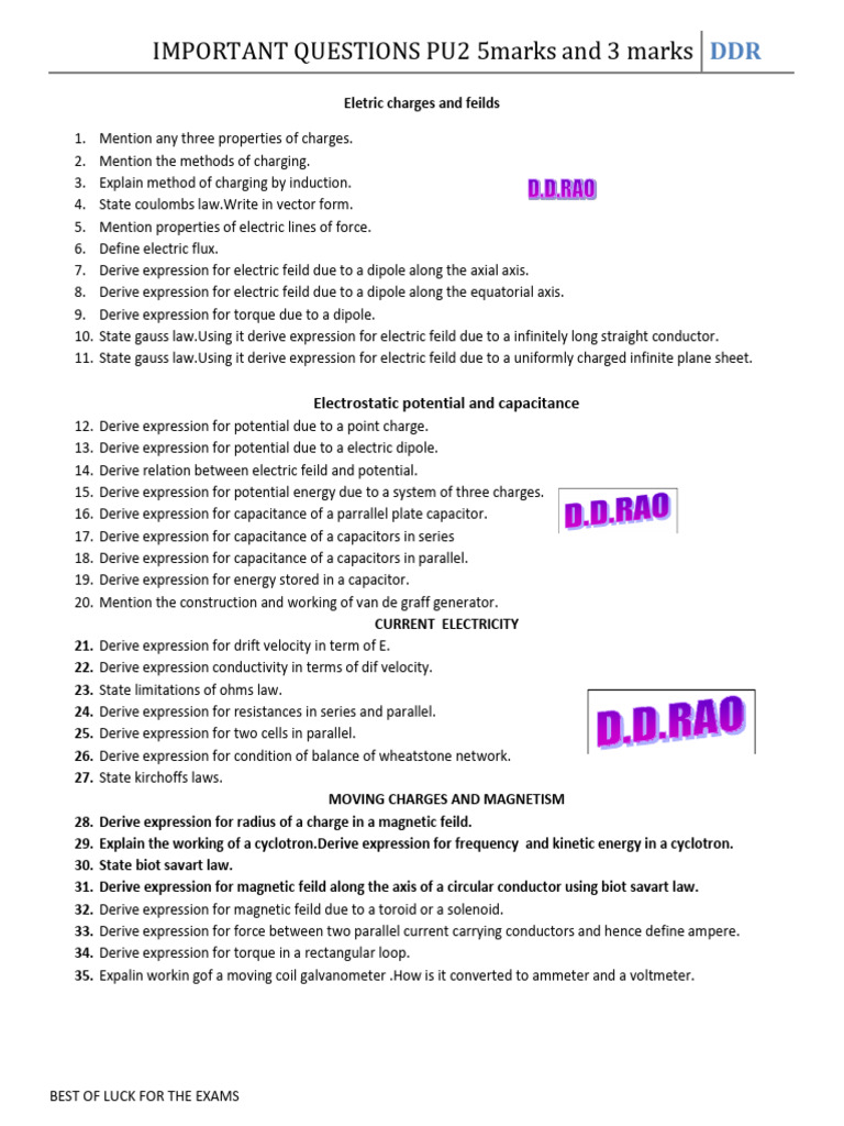 Important Five and Three Mar Questions | PDF | Capacitance | Capacitor