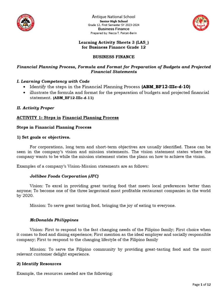 Business Finance Learning Activity Sheets | PDF | Balance Sheet | Expense