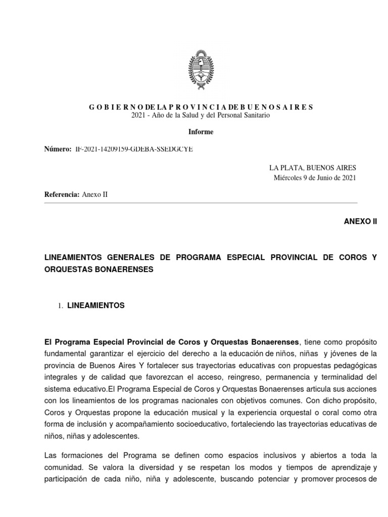 Lineamientos Generales de Programa Especial Provincial de Coros y Orquestas Bonaerenses | PDF ...