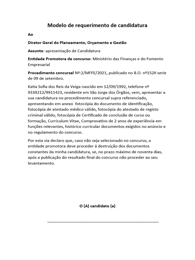 Modelo de Requerimento de Candidatura | PDF