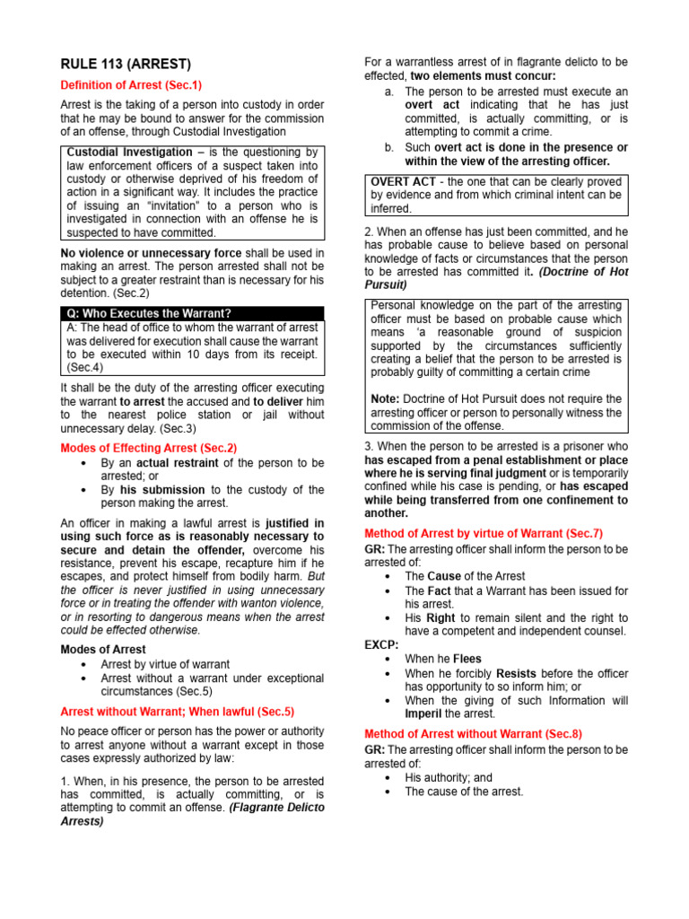 Rule 113 115 Review | PDF | Bail | Arrest