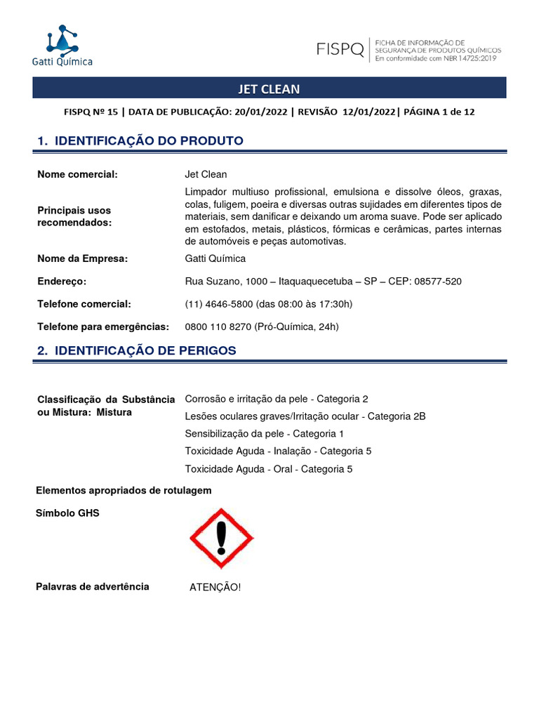 FISPQ Jet Clean | PDF | Substancias químicas | Segurança e saúde ...