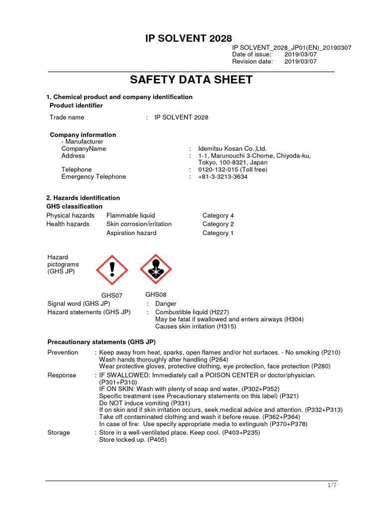Ip Solvent - 2028 - JP01 (En) - 20190307 | PDF | Firefighting | Toxicity