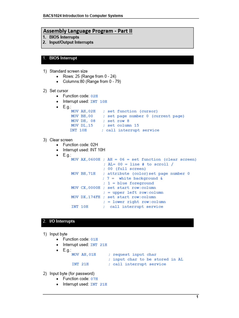 Assembly Language Program - Part II: 1. BIOS Interrupt | PDF | String (Computer Science) | Input ...