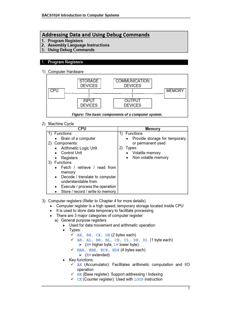 Addressing Data and Using Debug Commands: 1. Program Registers | Download Free PDF | Computer ...