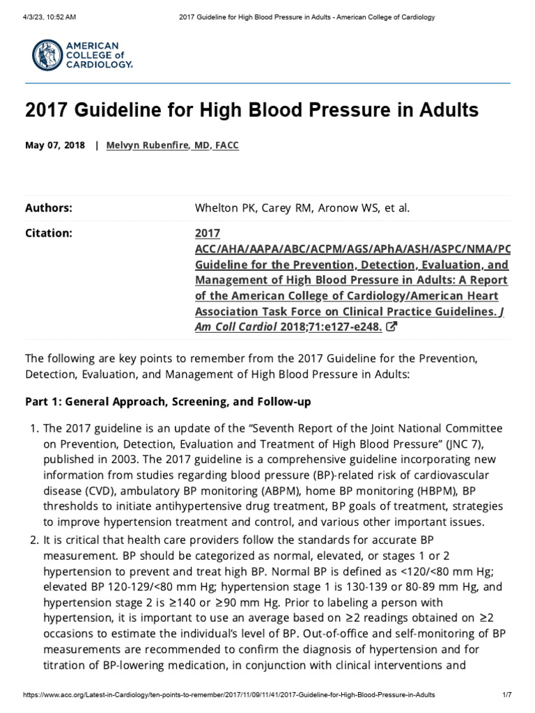2017 Guideline For High Blood Pressure in Adults - American College of ...