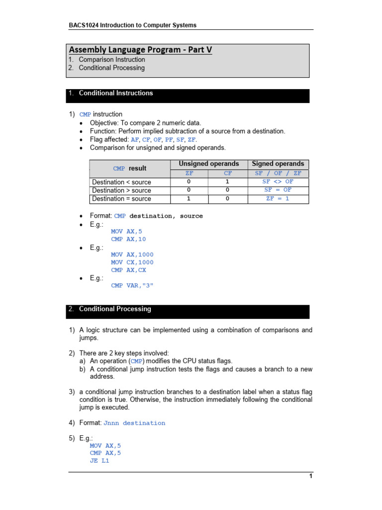 Assembly Language Program - Part V: 1. Conditional Instructions | PDF | Central Processing Unit ...