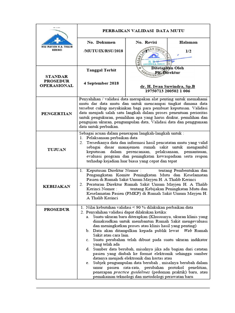 Prosedur Validasi Data Mutu Rumah Sakit | PDF | Bisnis
