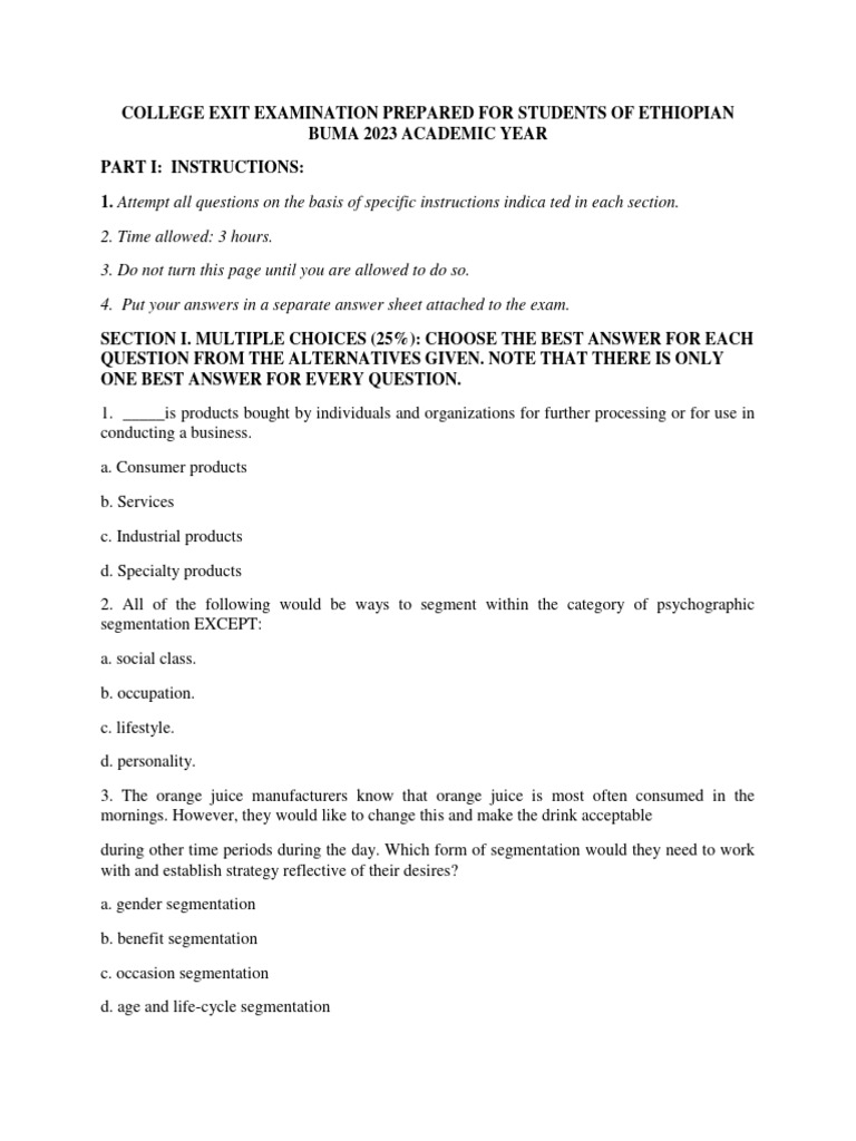 Exit Examination Model Exam For Buma 2023 Academic Year | PDF ...