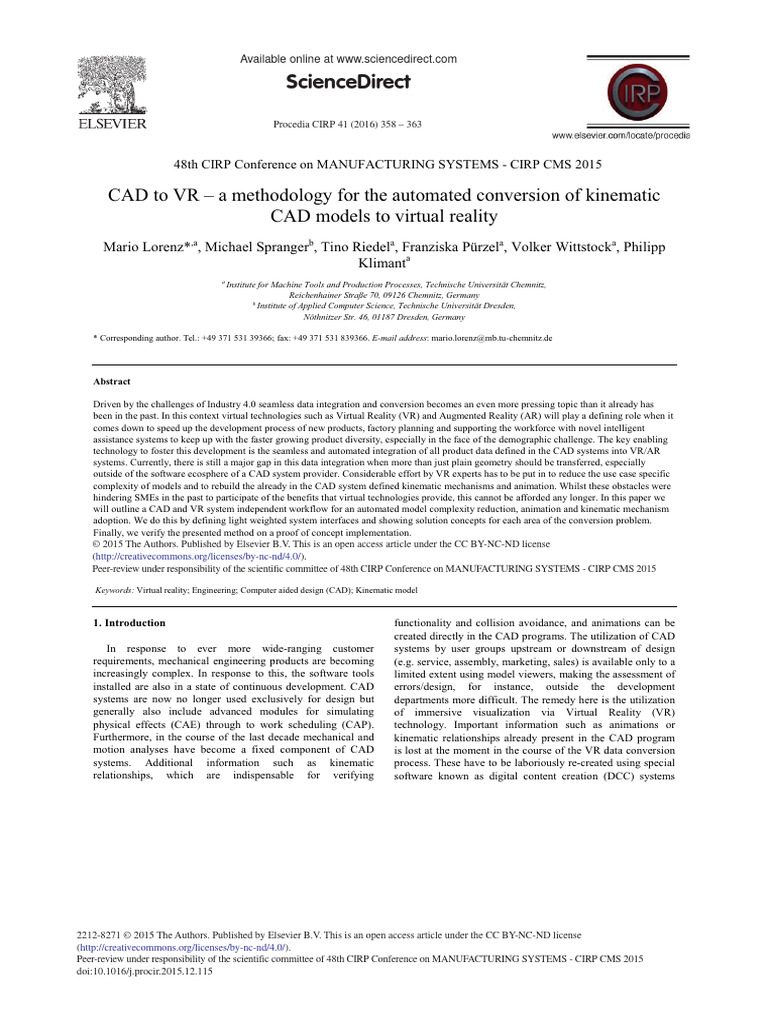 Cad To VR A Methodology For The Automated Conversion of Kinematic Cad ...