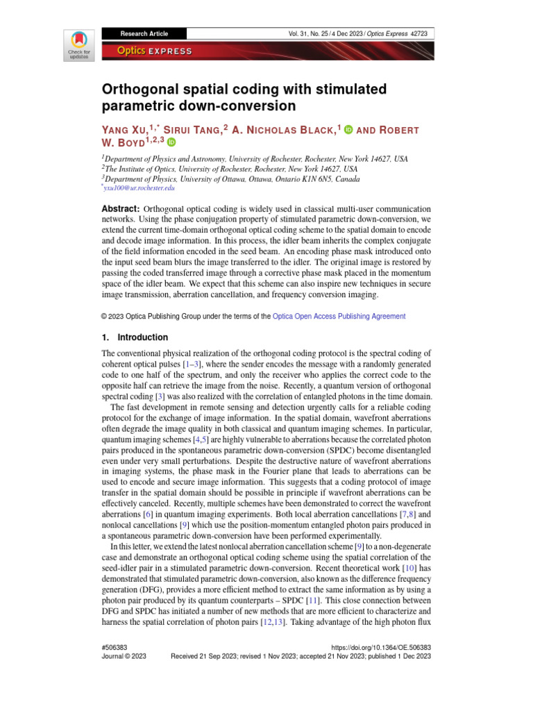 Orthogonal Spatial Coding With Stimulated Parametric Down-Conversion | PDF | Nonlinear Optics ...