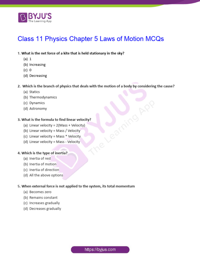 Chapter 5 Laws of Motion MCQs | PDF
