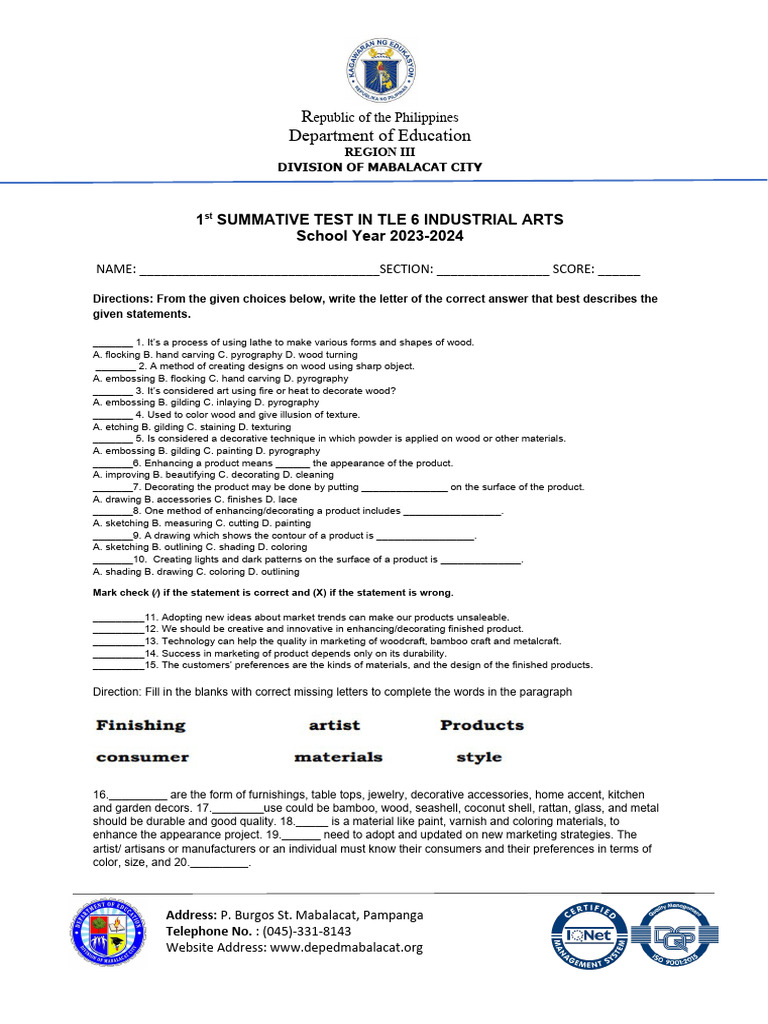 TLE 6 Industrial Arts Summative Test | PDF | Artistic Techniques ...
