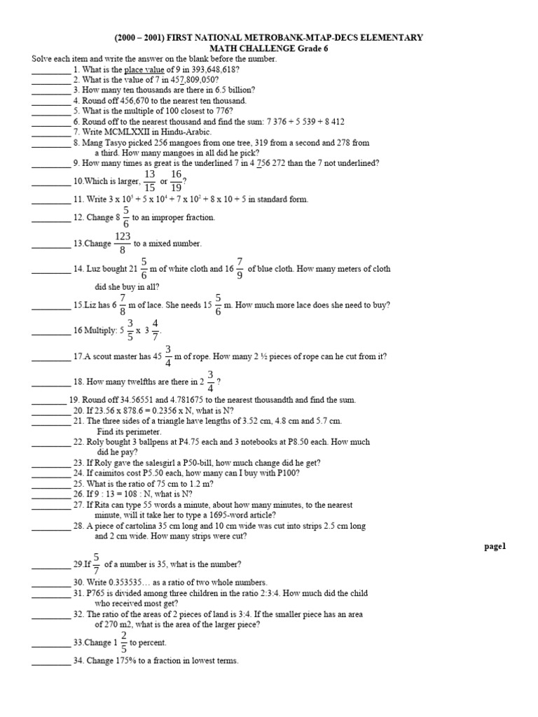 (2000 - 2001) First National Metrobank-Mtap-Decs Elementary Math Challenge Grade 6 | Download ...