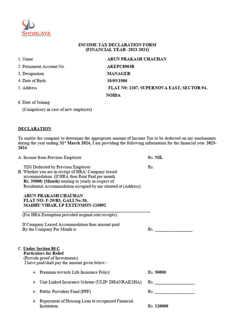 Income Tax Declaration Form 2023-24 | PDF | Private Sector | Government Finances