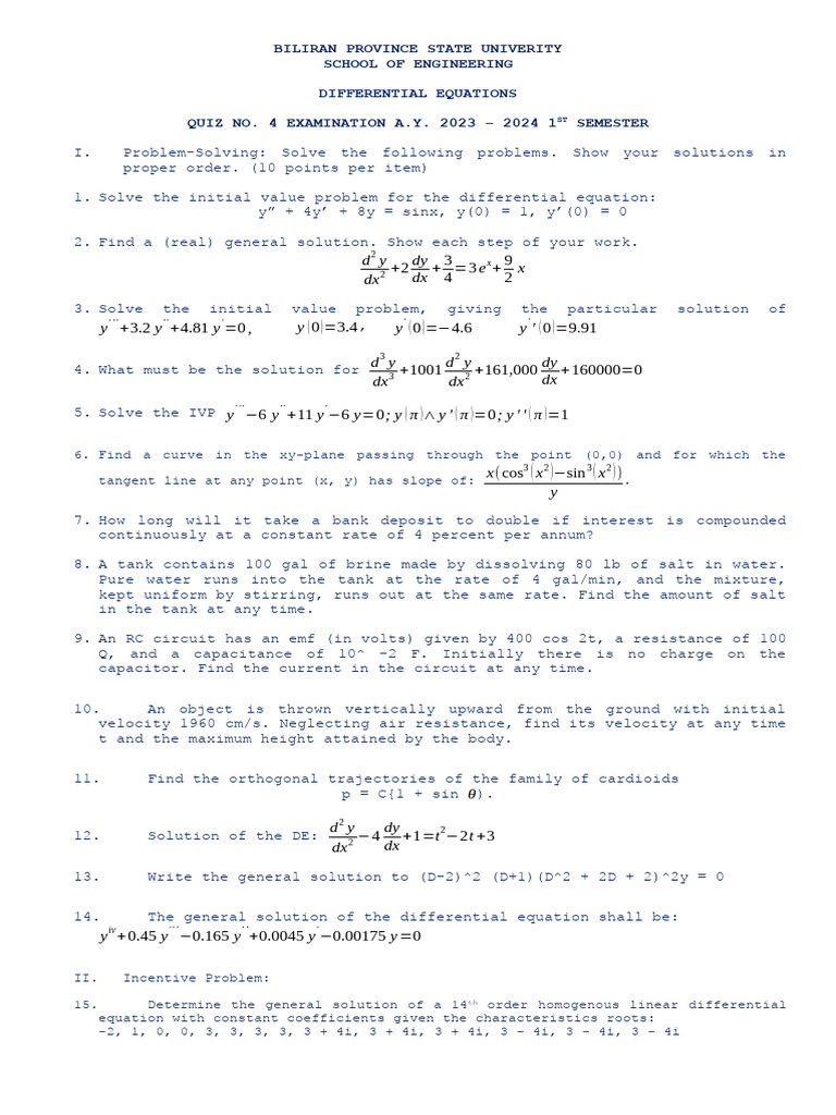 Final Examination Differential Equation | PDF | Equations ...