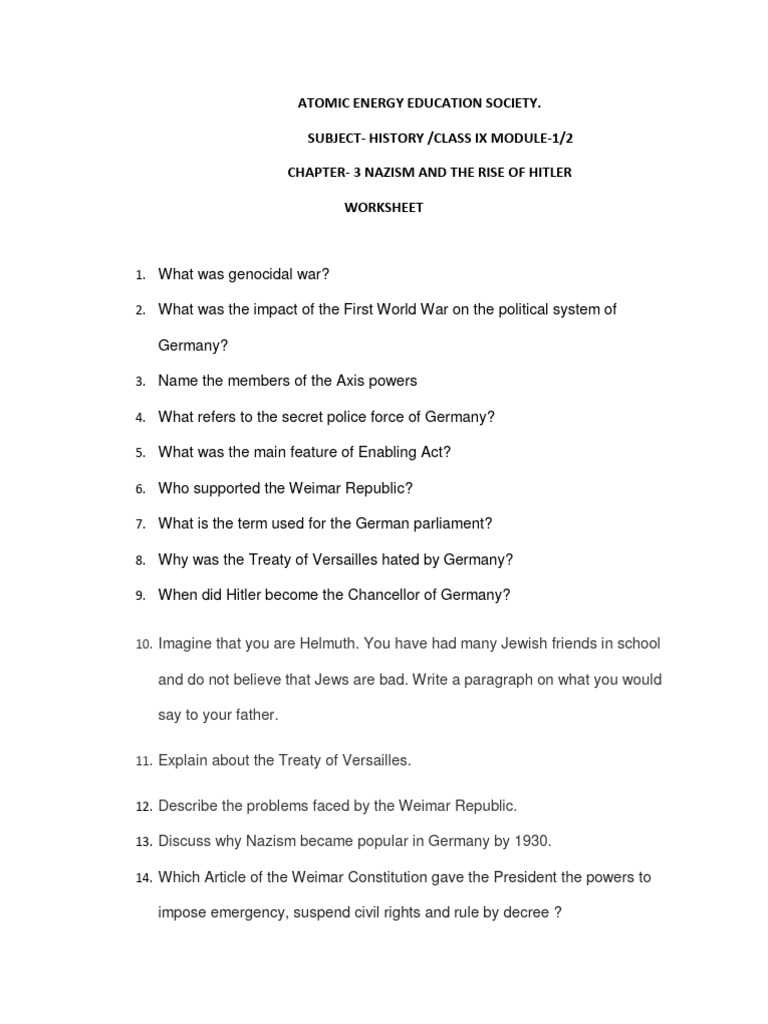 Class 9 Worksheet: Nazism & Hitler | PDF | History