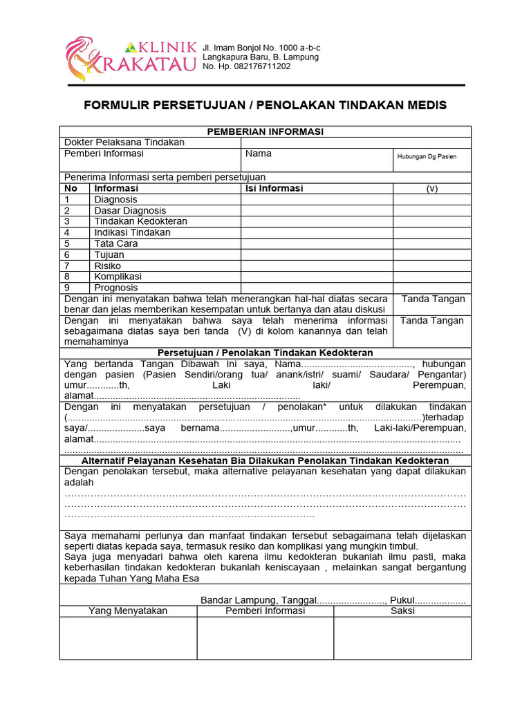 Formulir Persetujuan Penolakan Tindakan Medis | PDF Formulir Persetujuan Penolakan Tindakan Medis | PDF