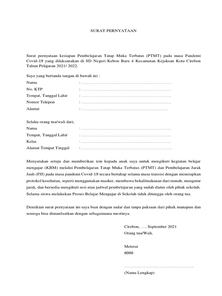 Surat Persetujuan Orang Tua PTMT & PJJ - 1 | PDF