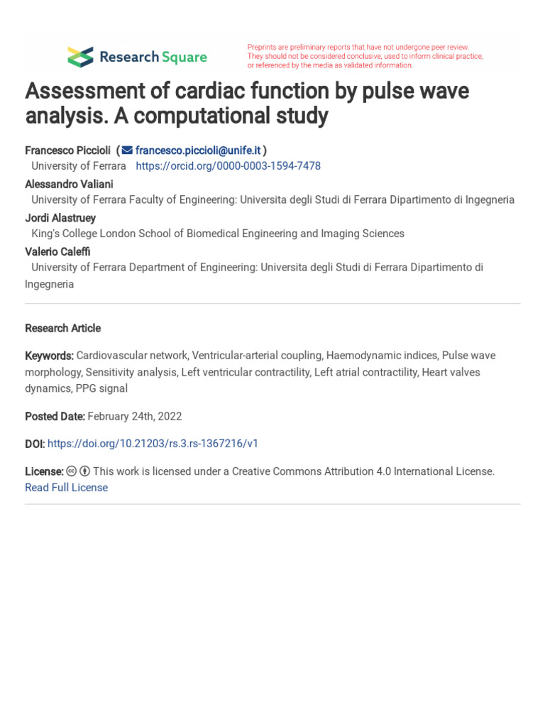 Assessment of Cardiac Function by Pulse Wave Analysis A Computational Study | PDF | Heart ...