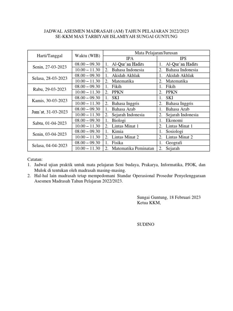 Jadwal Asesmen Madrasah KKM 2022-2023 | PDF