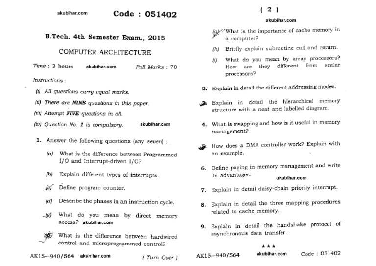 Btech Cse 4 Sem Computer Architecture 051402 2015 | PDF