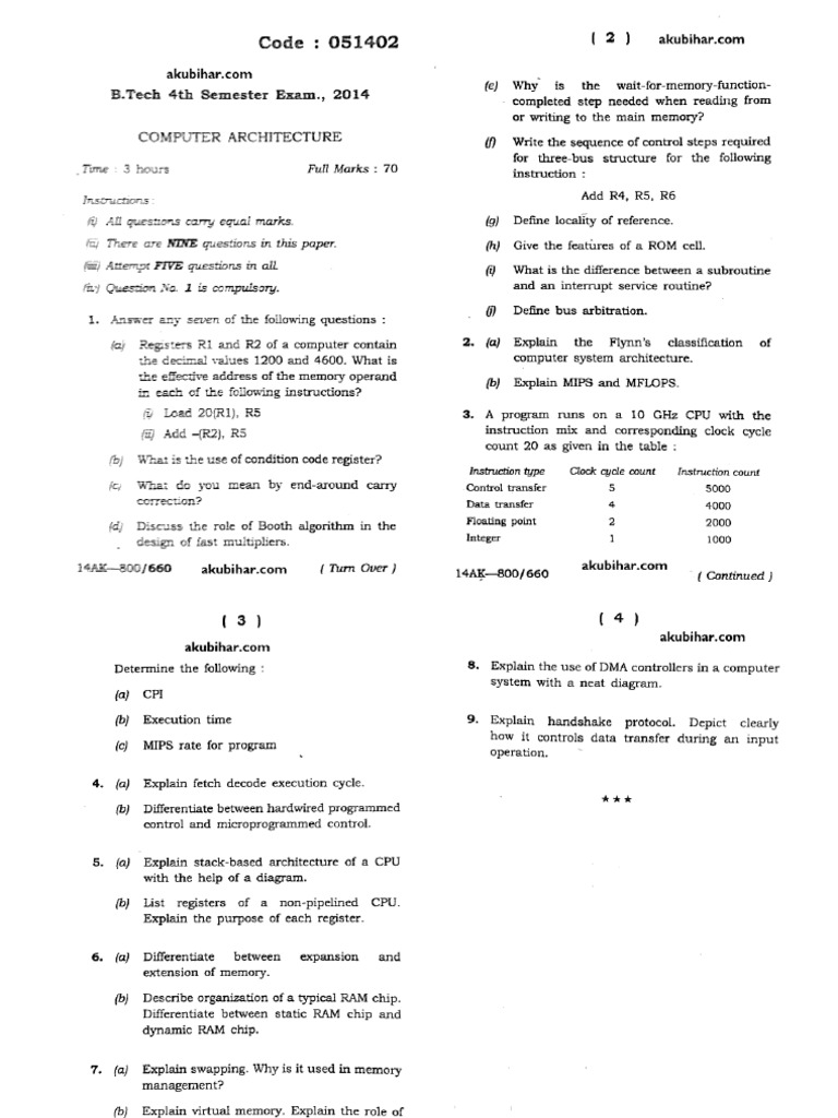 Btech Cse 4 Sem Computer Architecture 051402 2014 | PDF
