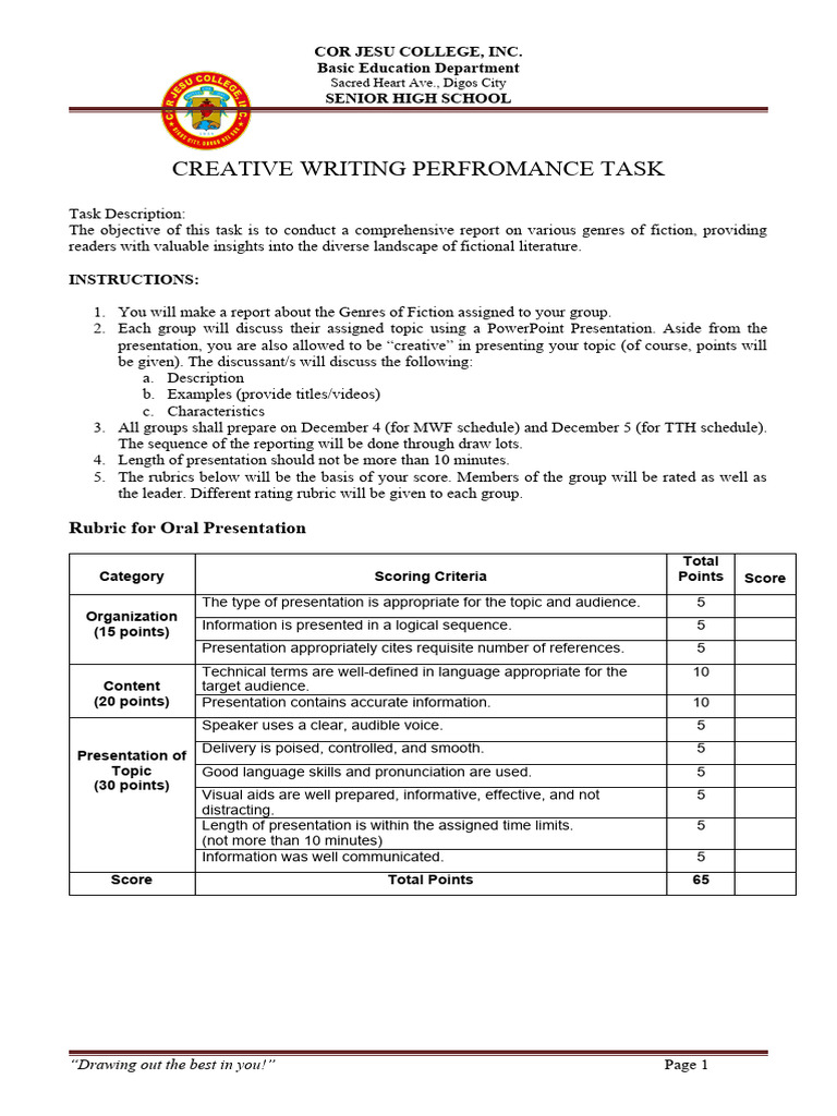 Creative Writing Perfroamnce Task Part 2 | PDF | Rubric (Academic ...