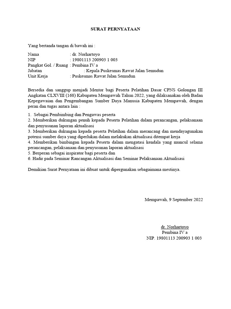 SURAT PERNYATAAN Untuk Mentor | PDF | Bisnis