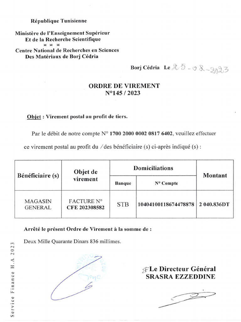 Ordre de Virement 145-2023 | PDF