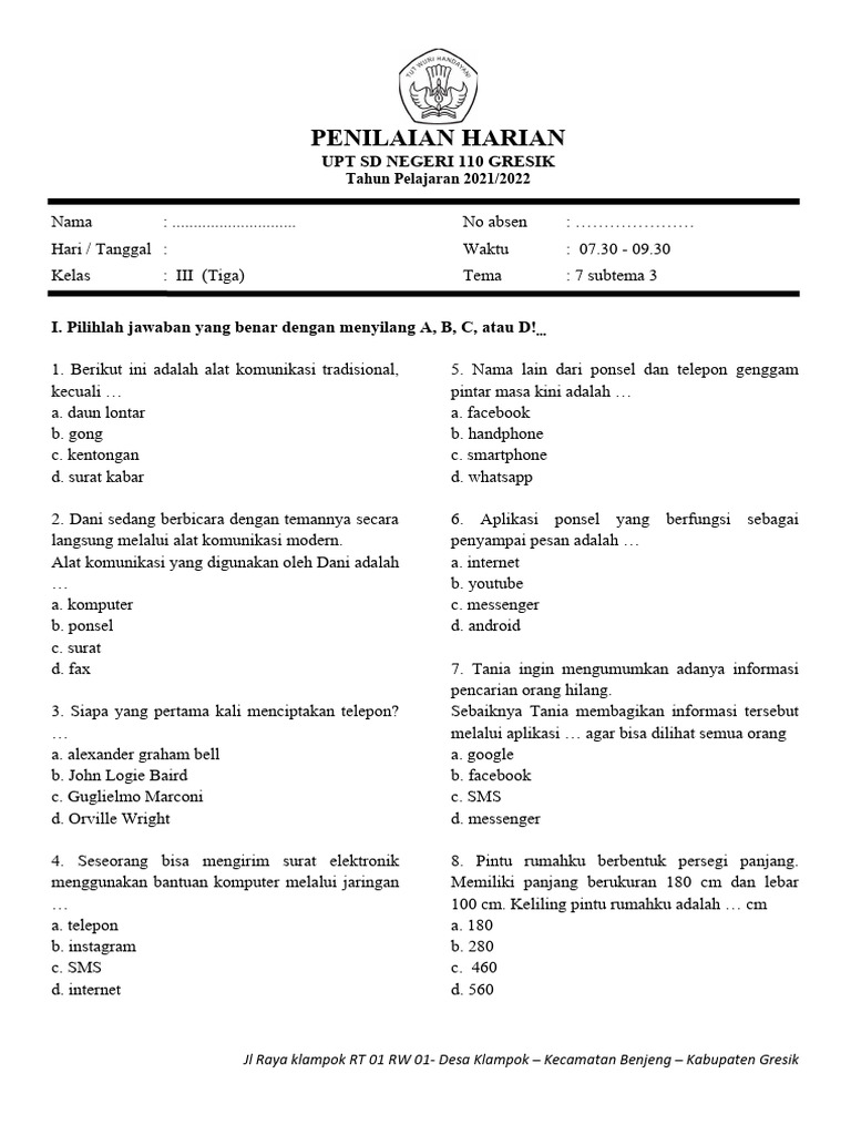 Penilaian Harian Kelas III SD Gresik | PDF