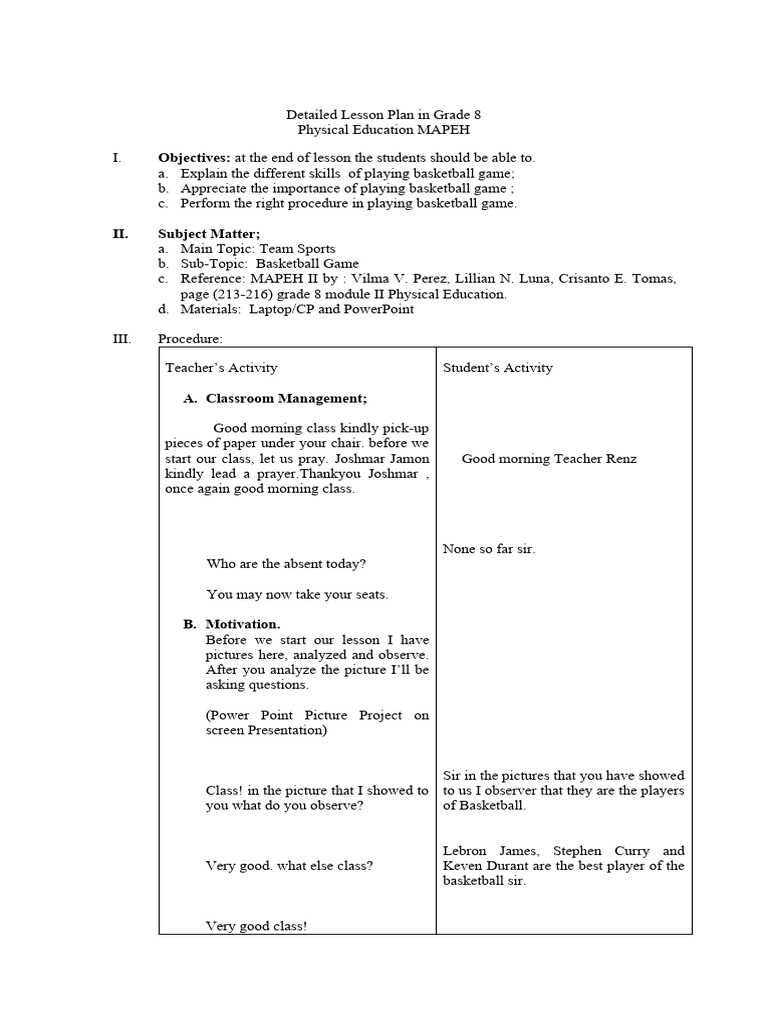 Renz (Detailed Lesson Plan in Basketball Grade 8 MAPEH | PDF | Athletic ...