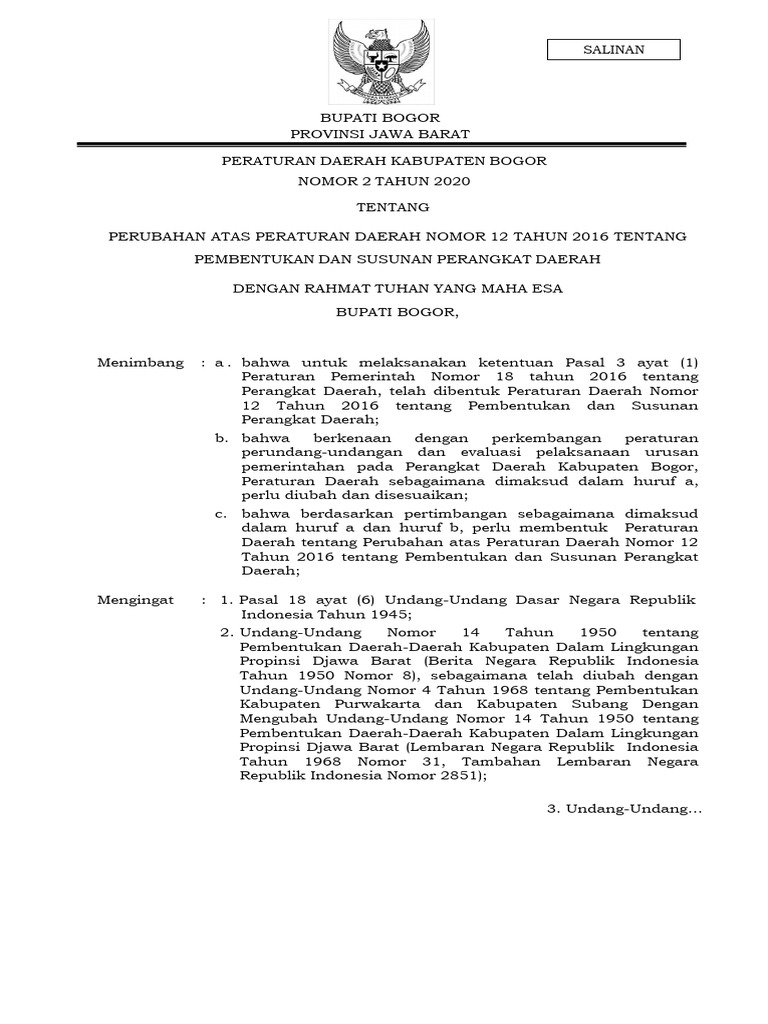 Perda Kab. Bogor No. 2 Tahun 2020 Tentang Perubahan Atas Peraturan Daerah Nomor 12 Tahun 2016 ...