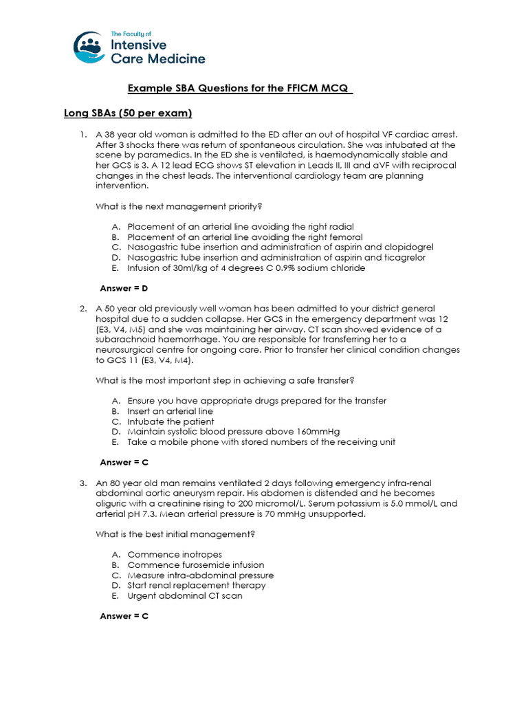 FFICM SBA Sample Questions March 2022 - 0 | PDF | Medical Specialties ...