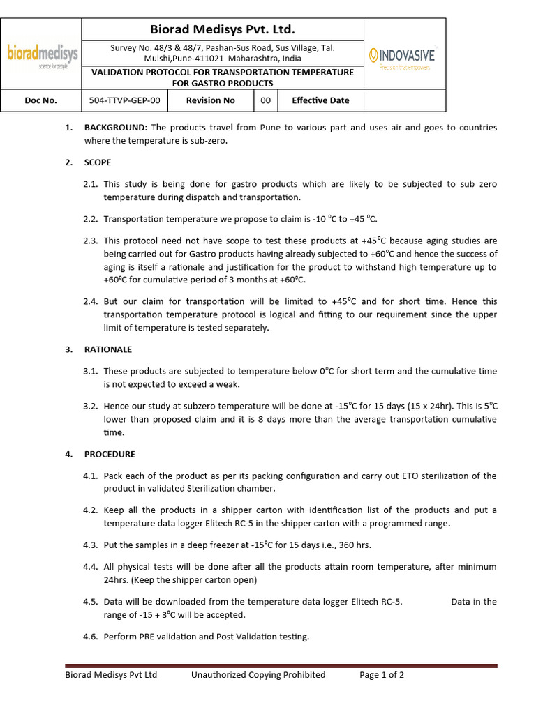 Transportation Validation Protocol | PDF
