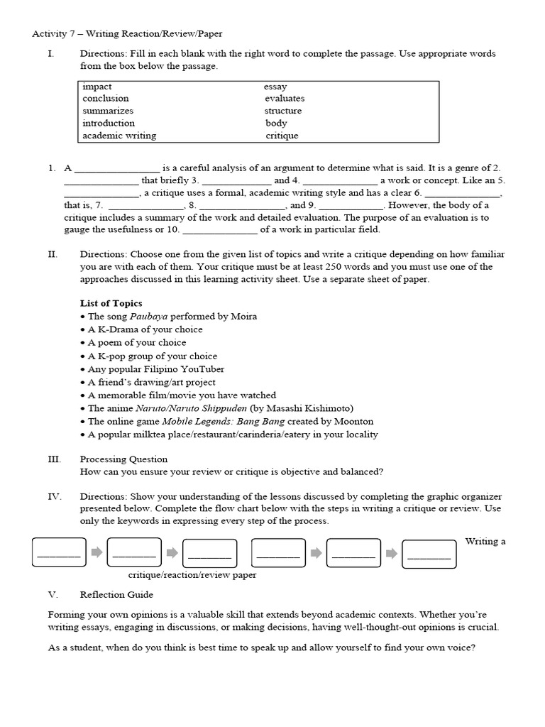 Activity 7 Reaction Review Critique Paper | PDF | Essays | Evaluation