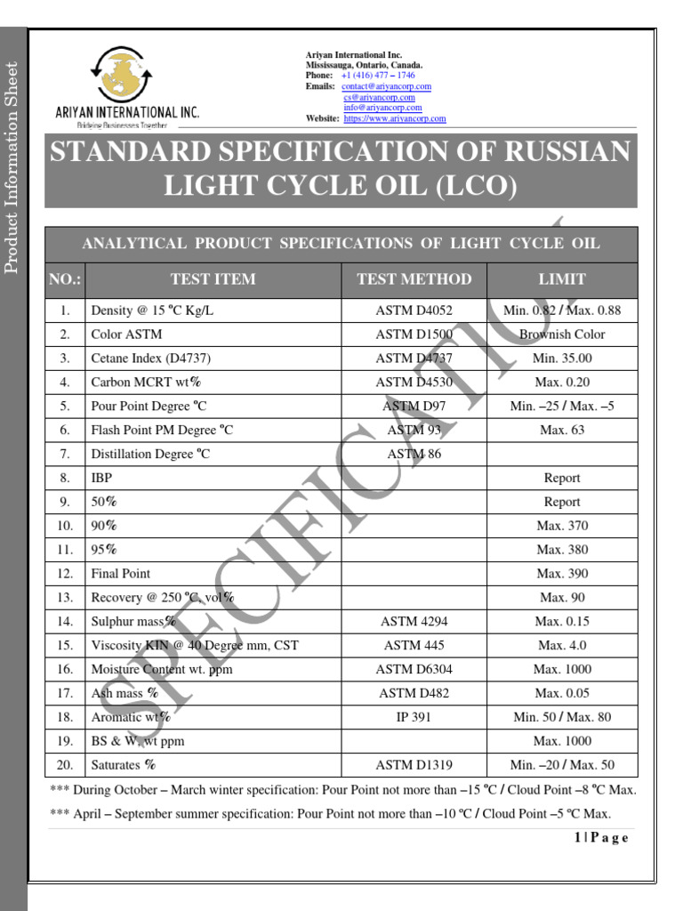 Light Cycle Oil Specifications Guide | PDF | Materials | Chemical ...