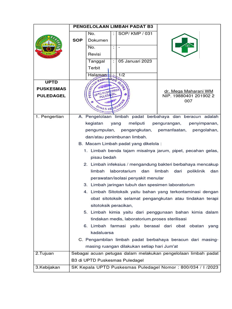 SOP Pengelolaan Limbah B3 Padat | PDF | Pengembangan Diri | Kesehatan Holistik