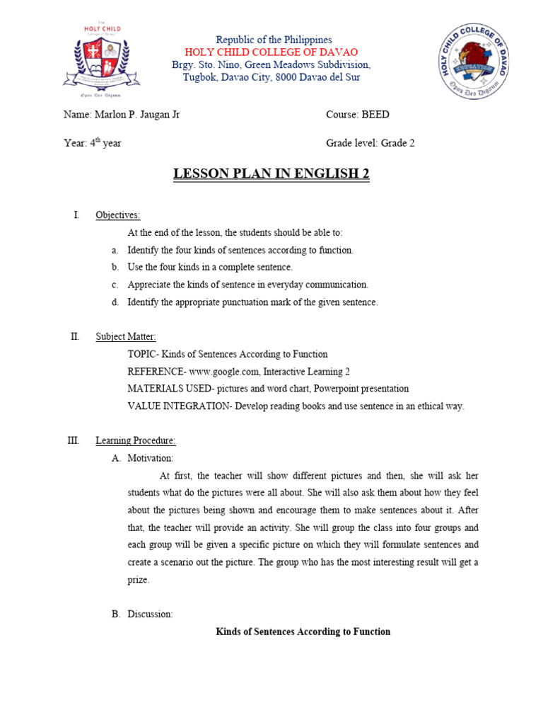 Semi Detailed Lesson Plan in English 1 | PDF | Sentence (Linguistics ...